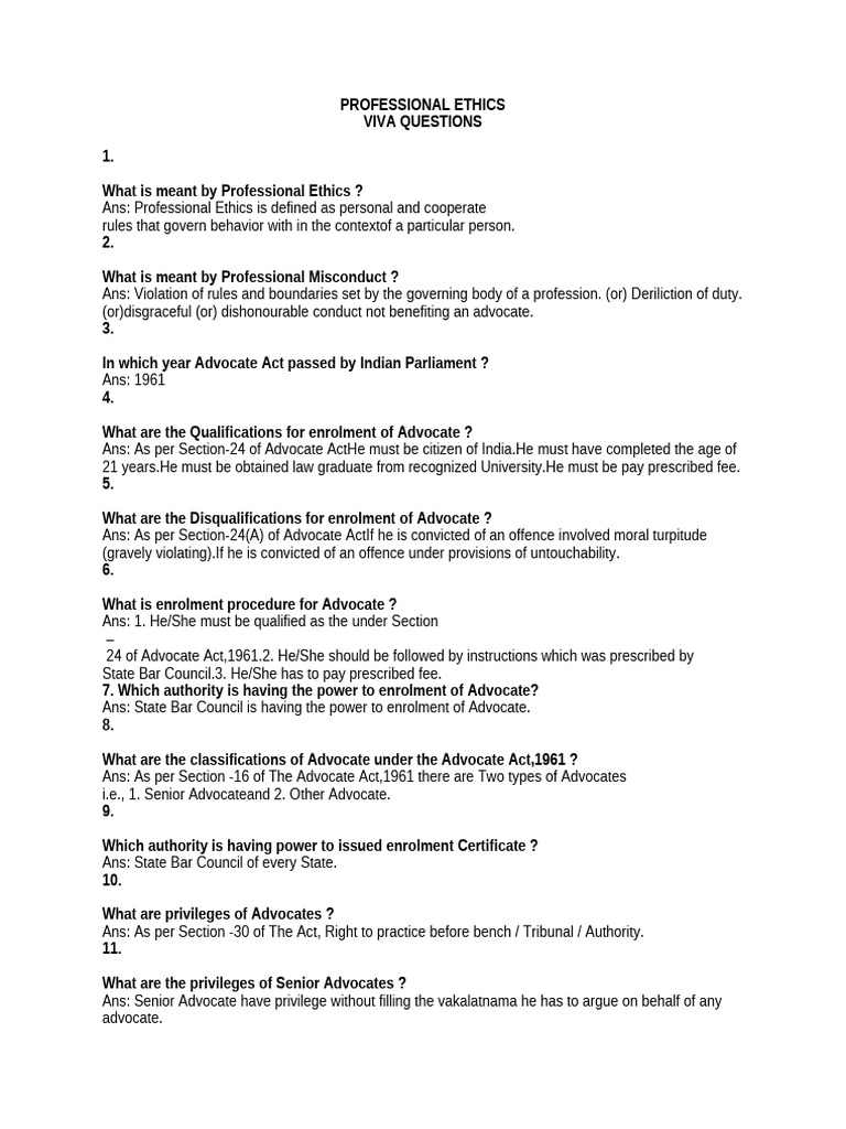 Professional Ethics Viva Questions | PDF | Contempt Of Court | Advocate