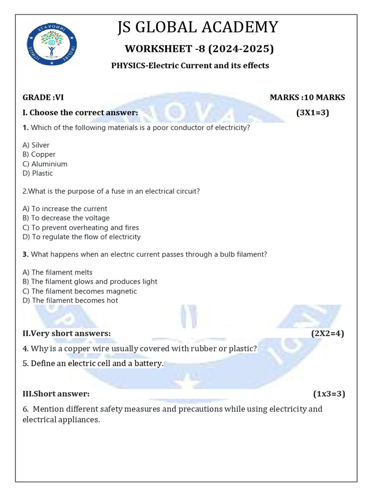 GRADE-6 Ws-8 CHP - Electric Current and Its Effects | PDF
