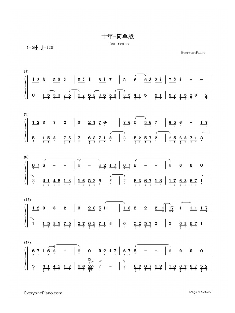 Ten Years - Eason Chan - Piano Sheet Number | PDF