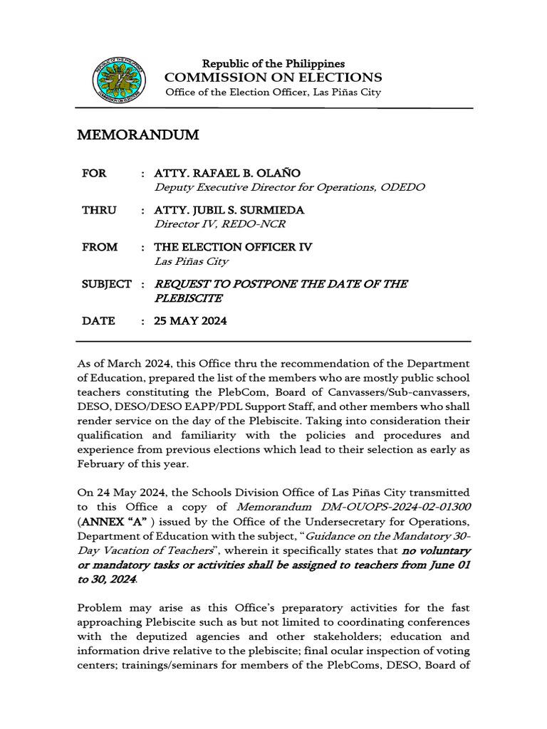LP EO Memo ODEDO PLEB Request To Move The Pleb Date 2 | PDF | Political Events | Accountability