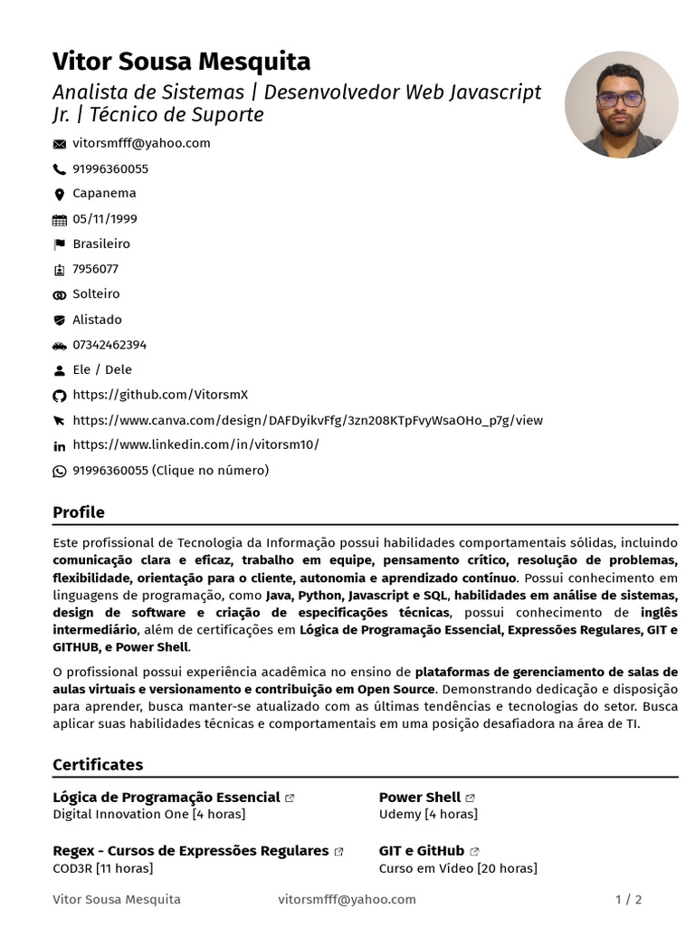 Currículo Vitor Mesquita2023 | PDF | Análise de sistemas | Brasil