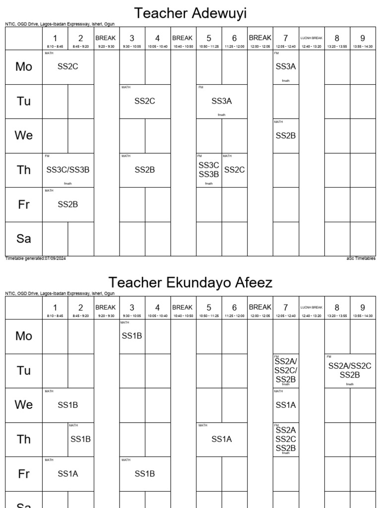 School Timetable with Lunch Breaks | PDF