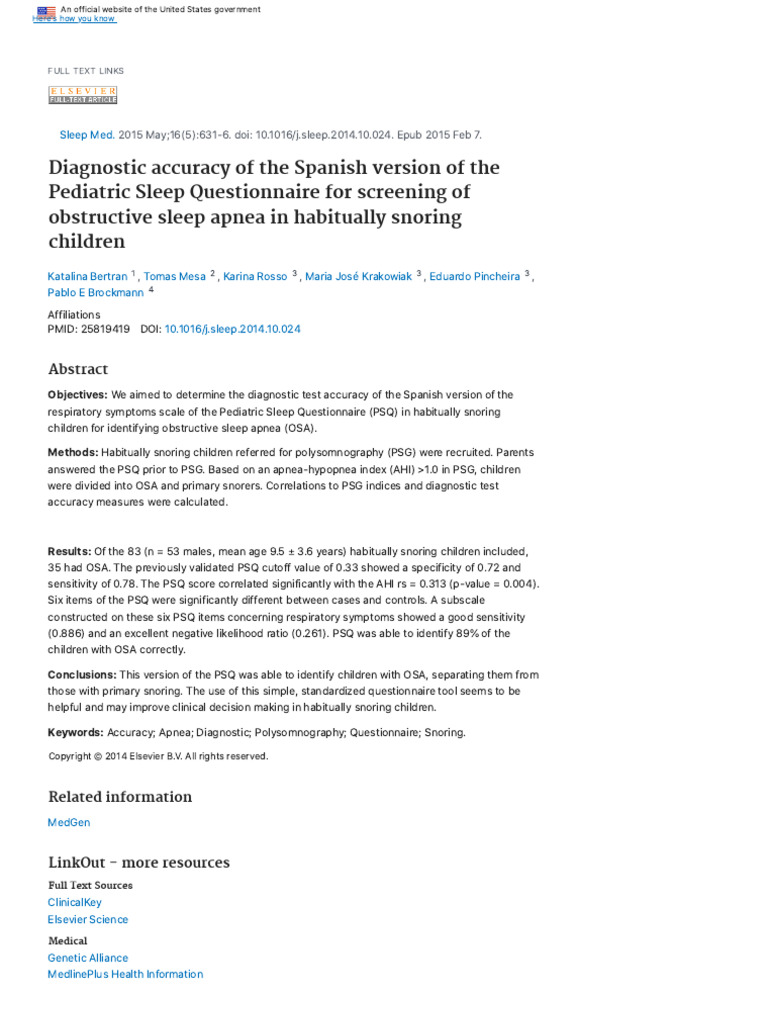 4 Diagnostic Accuracy of The Spanish Version of The Pediatric Sleep Questionnaire For Screening ...
