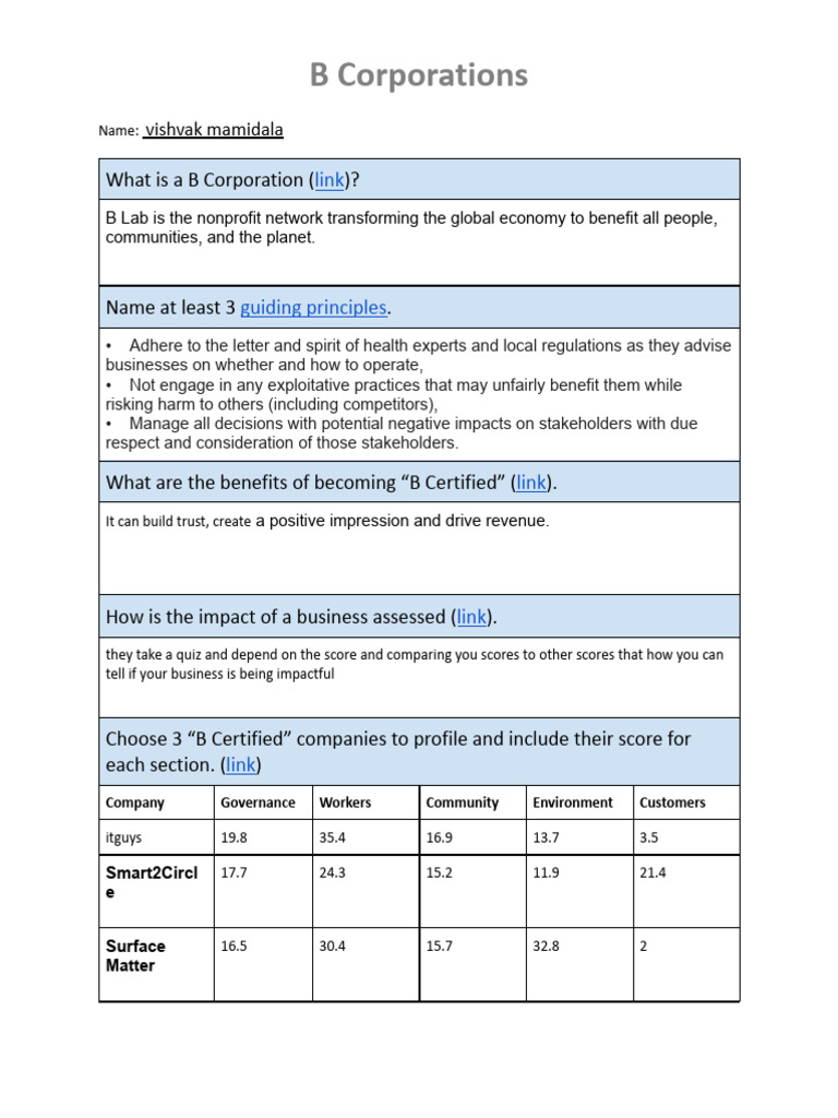 B Corporation Worksheet Biz Kids Lesson | PDF