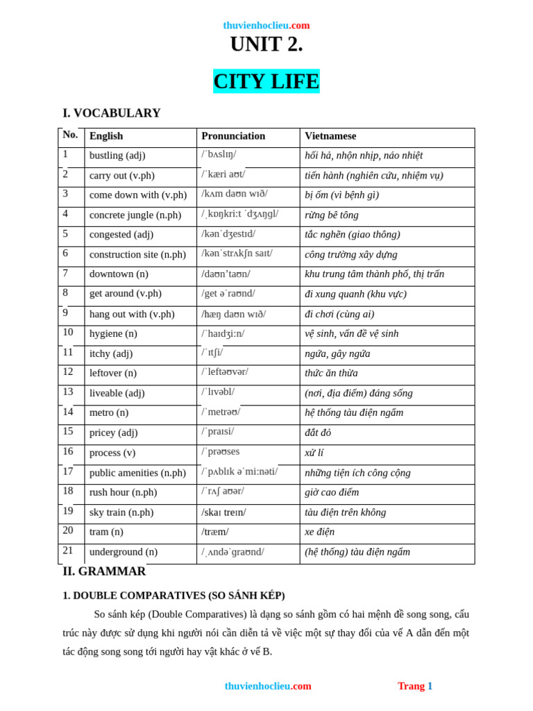 thuvienhoclieu.com-Tu-vung-va-Ngu-phap-Tieng-Anh-9-Global-Unit-2-CITY-LIFE | PDF