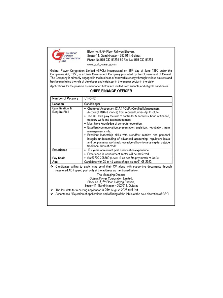 GPCL Recruitment for CFO Position | PDF