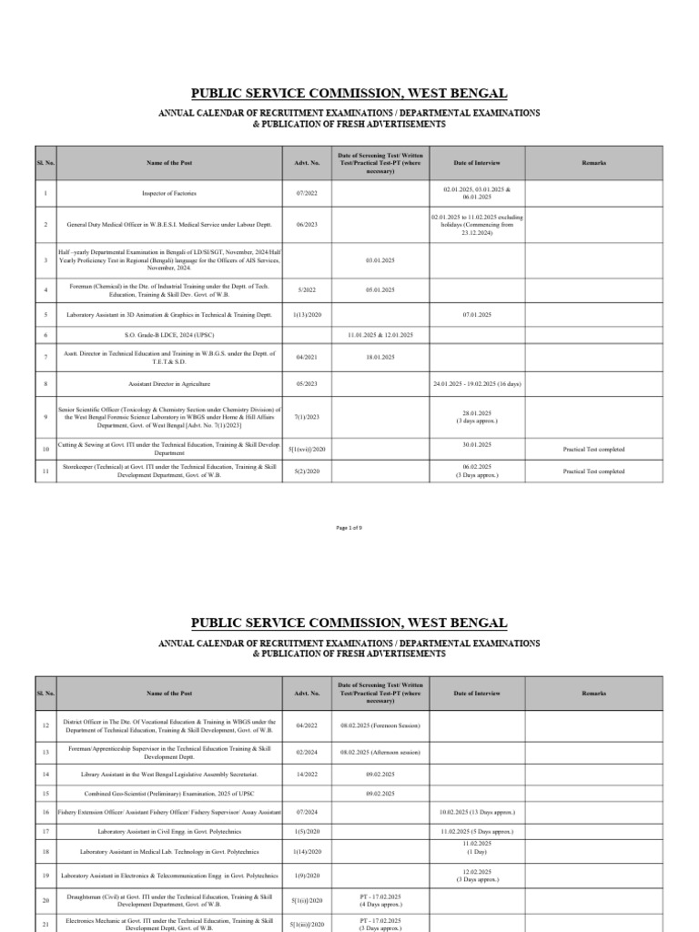 An 20250116121053 WBPSC Calender 2025 Updated | PDF | Vocational Education