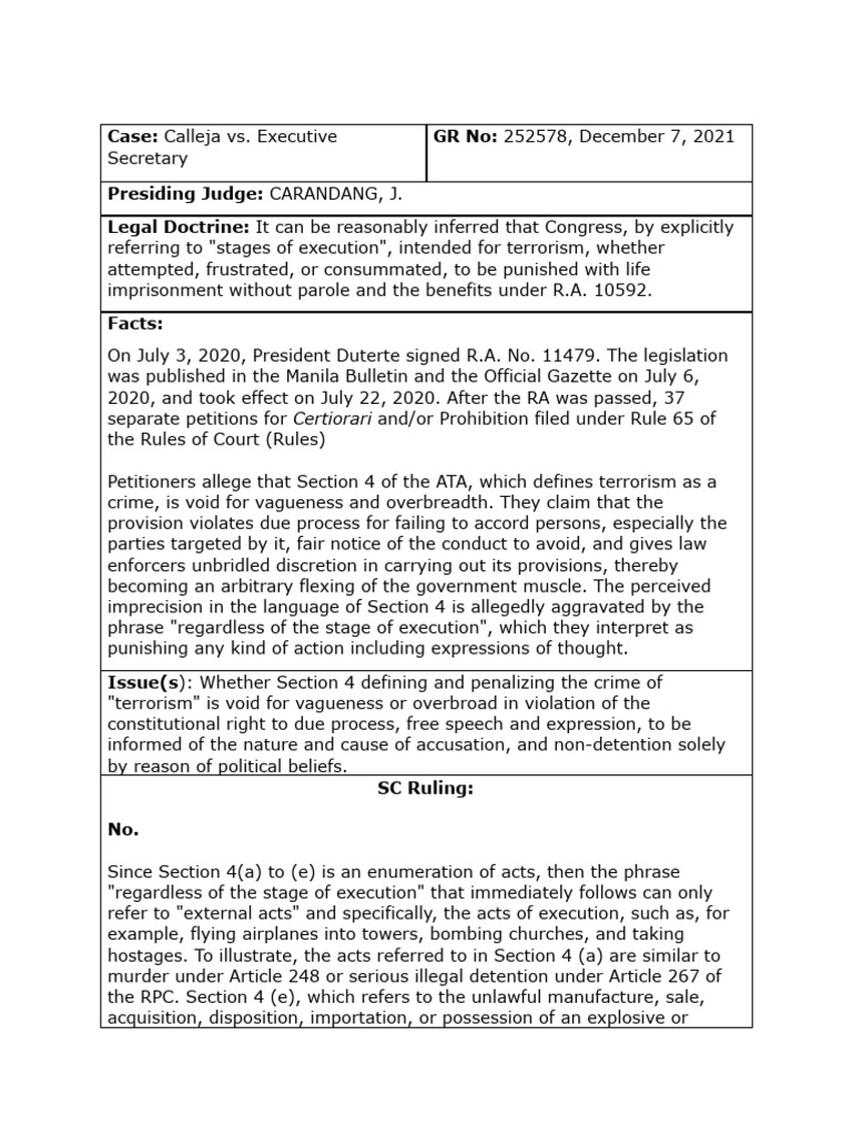 Calleja vs. Executive Secretary Ruling | PDF | Overbreadth Doctrine ...
