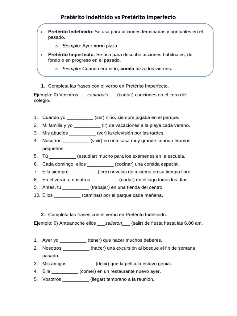 Diferencias entre Pretérito Indefinido e Imperfecto | PDF