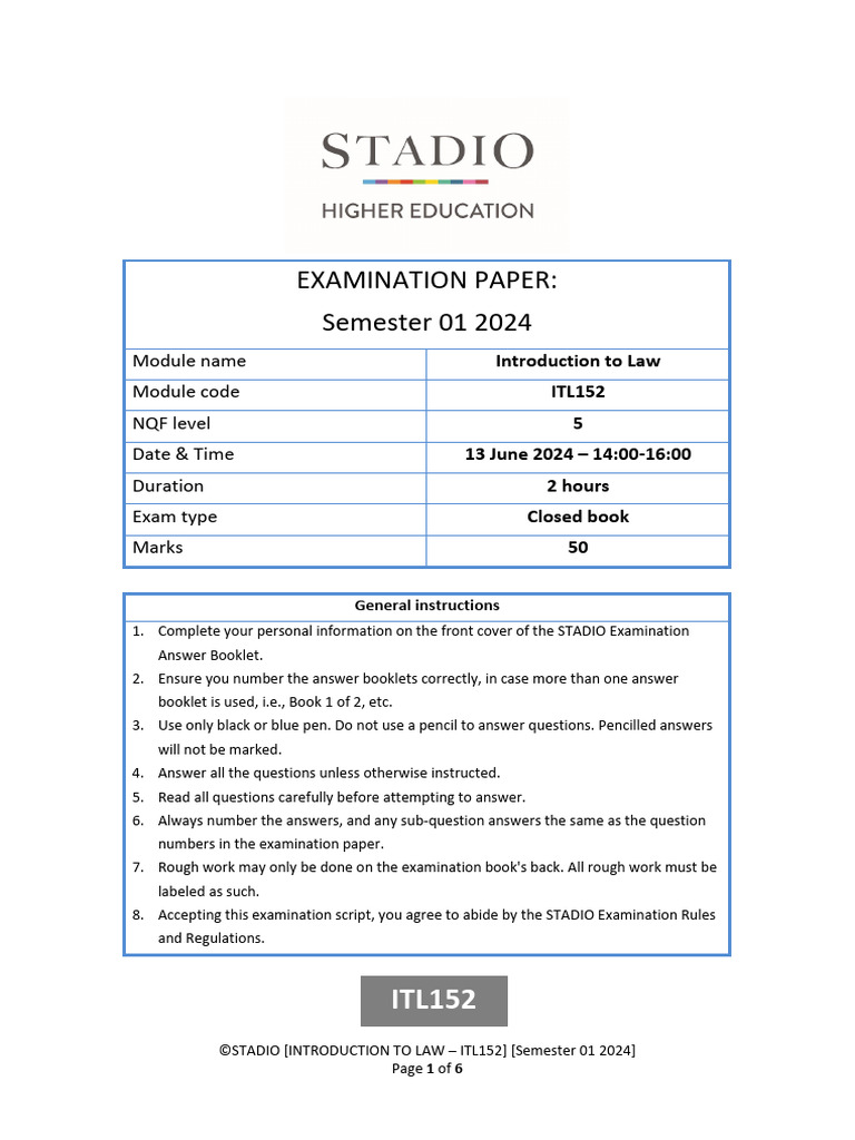 ITL152 Introduction to Law Exam 2024 | PDF | Books | Common Law