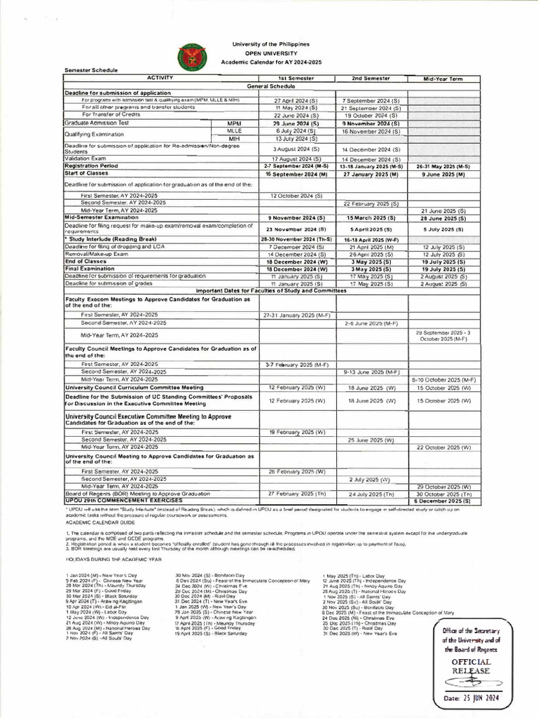 UPOU Academic Calendar 2024-2025 | PDF | Academic Term | Educational ...