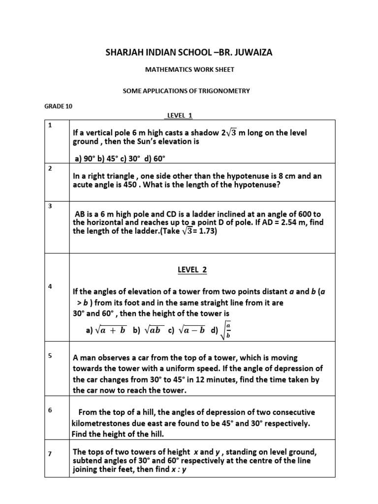 Worksheet -APPLICATIONS OF TRIGONOMETRY | PDF | Euclidean Geometry ...