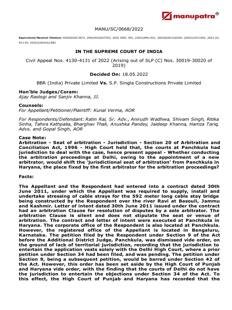 BBR India Private Limited Vs SP Singla Construction | PDF | Arbitration ...