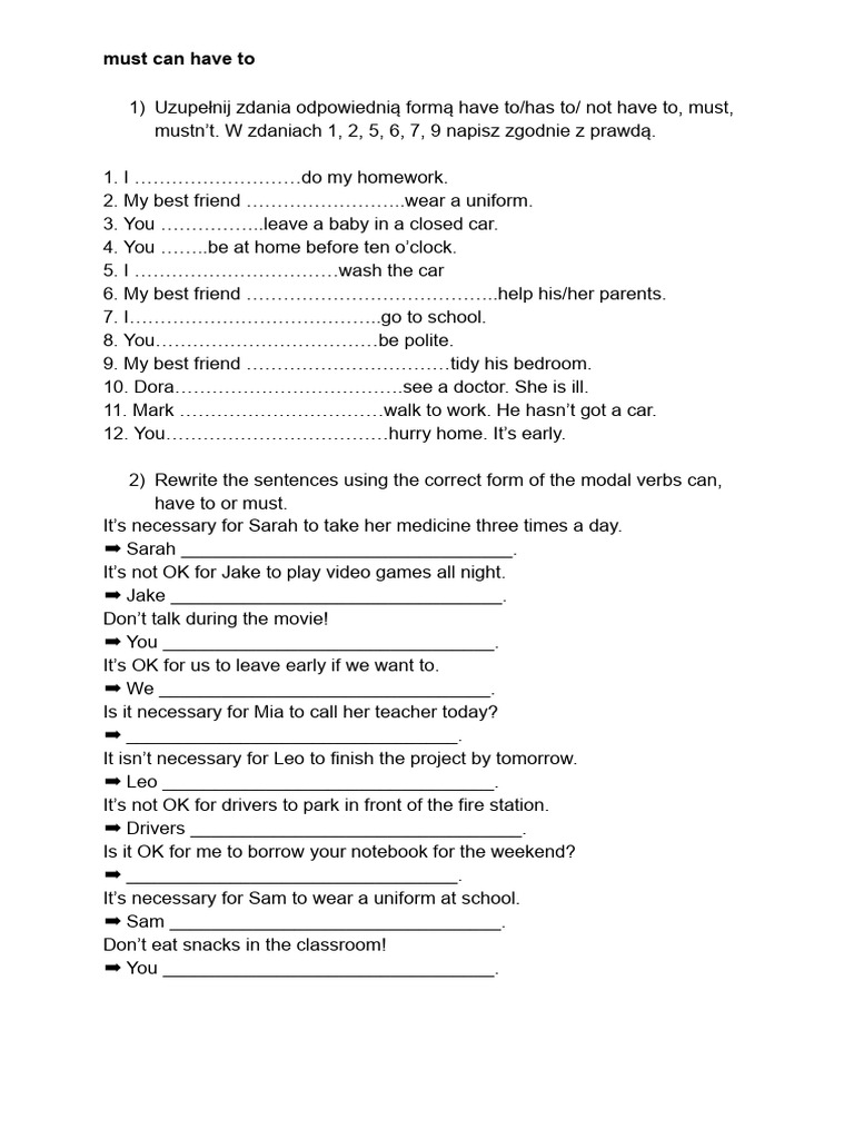 Modal Verbs Must Can Have To Klasa 7 | PDF