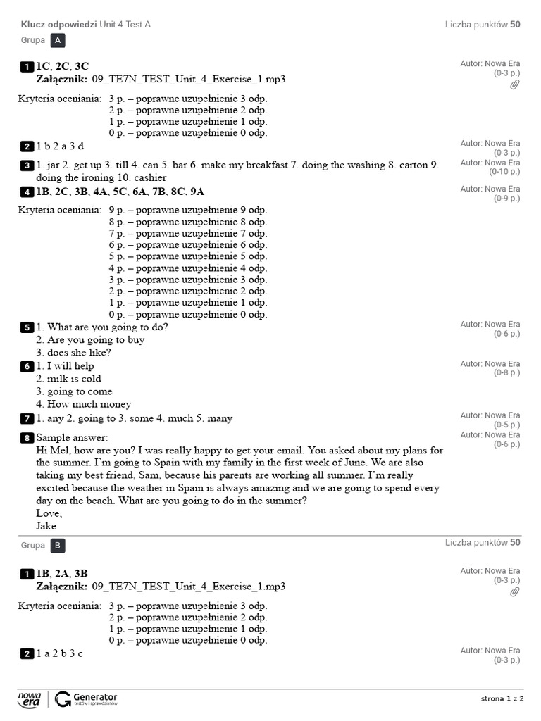 Unit 4 Test A Klucz Odpowiedzi | PDF