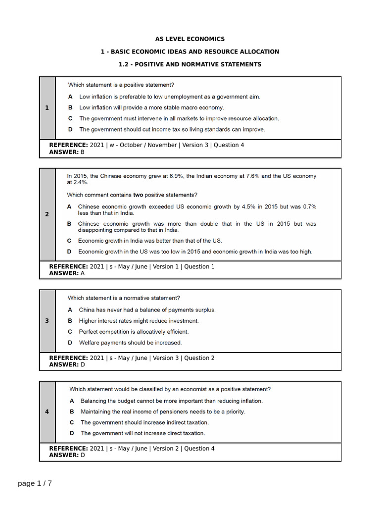 AS Level Economics - 1.2 - Positive and Normative Statements | PDF ...