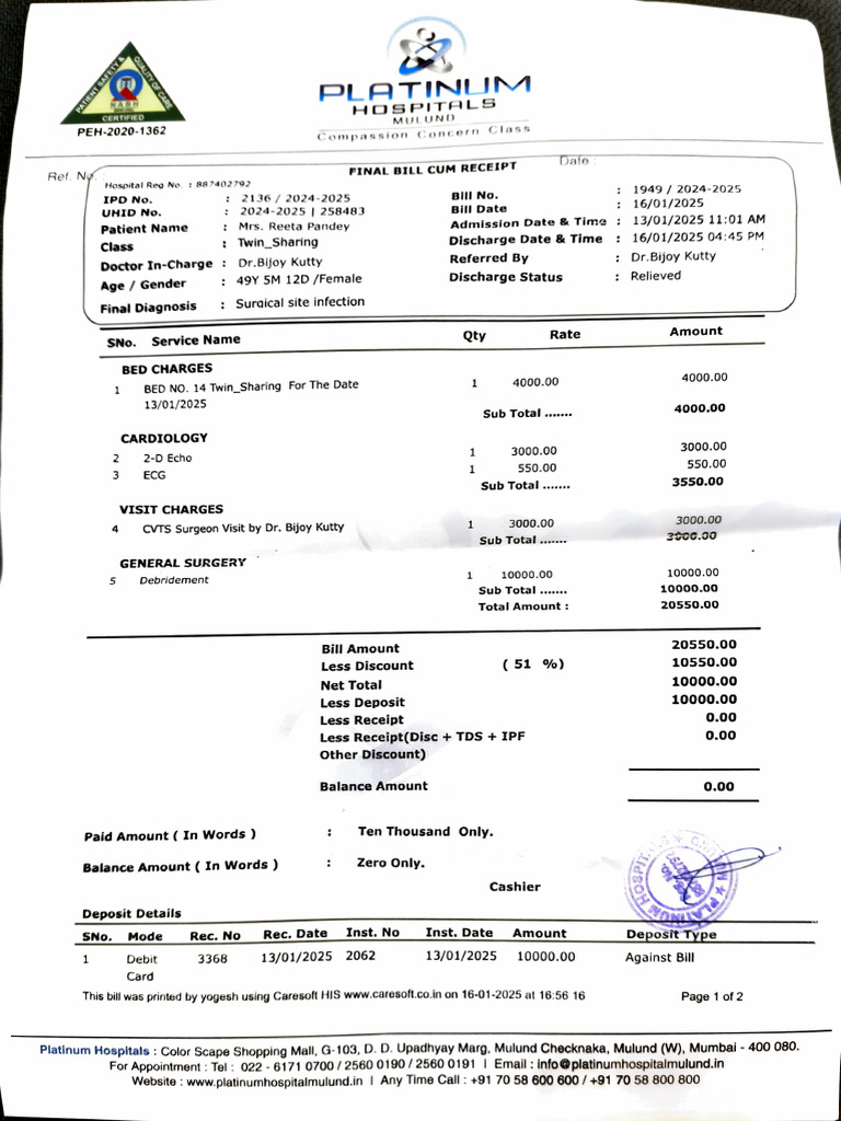 Hospital Bill Receipt for Mrs. Pandey | PDF | Clinical Medicine