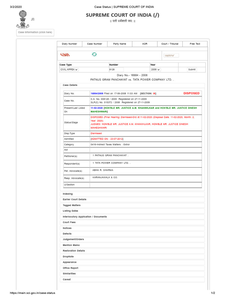Case Status _ SUPREME COURT OF INDIA | PDF | Supreme Court Of India | Supreme Courts