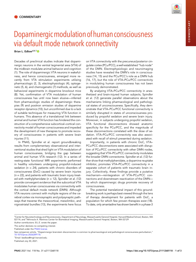 Edlow 2021 Dopaminergic Modulation of Human Consciousness Via Default Mode Network Connectivity ...