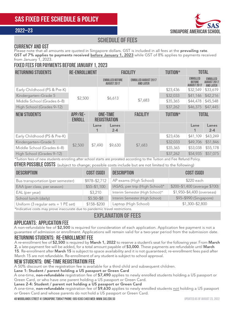 SAS 2022-23 Fee Schedule Overview | PDF | Fee | Tuition Payments