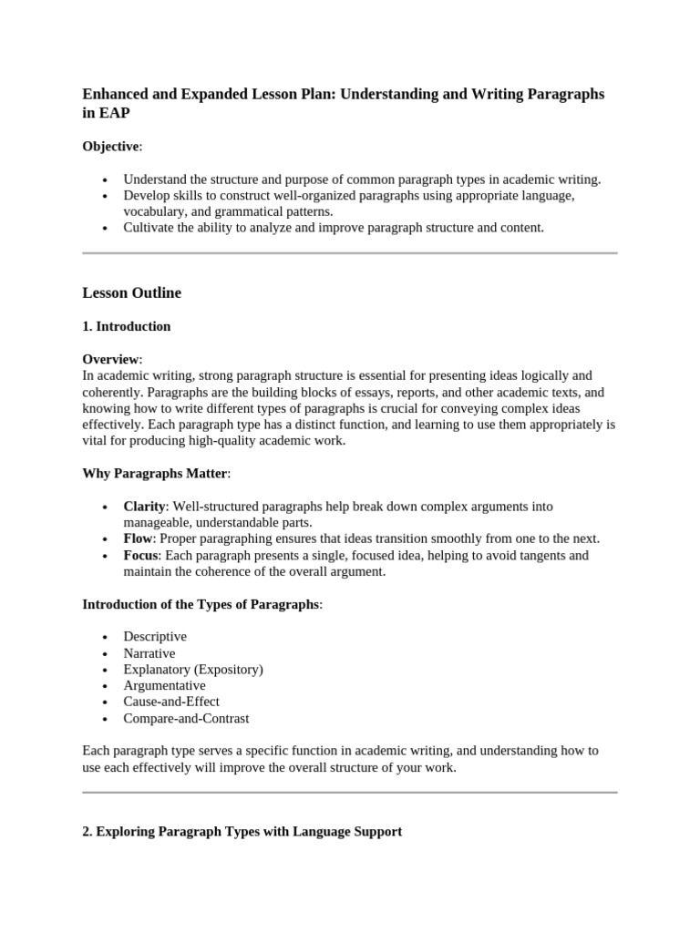 Enhanced and Expanded Lesson Plan: Understanding and Writing Paragraphs in EAP | PDF | Evidence ...