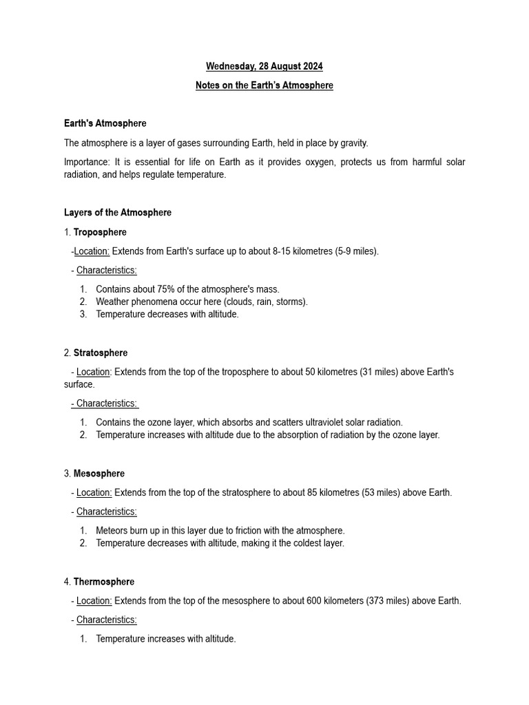 Notes On The Earth's Atmosphere | PDF | Atmosphere Of Earth | Atmosphere