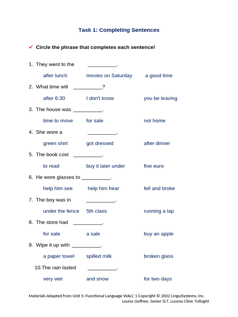 Expressive Lang - Completing Sentences Worksheets | PDF | Waiting Staff