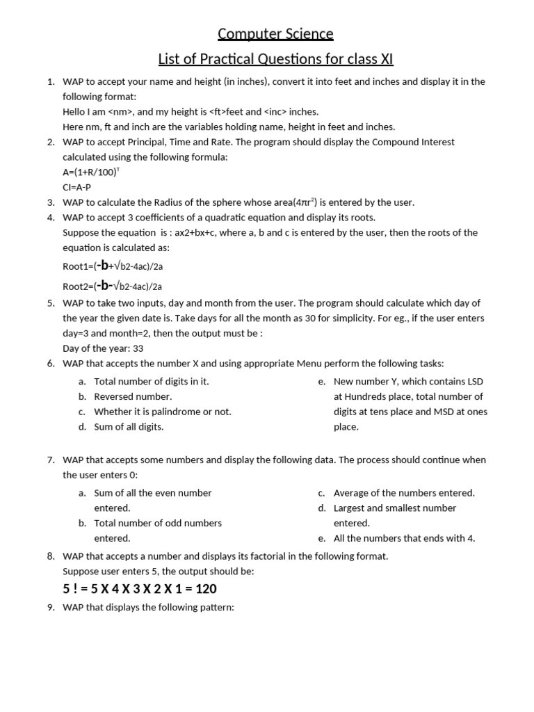 Class XI Computer Science Practical Questions | PDF | Computer ...