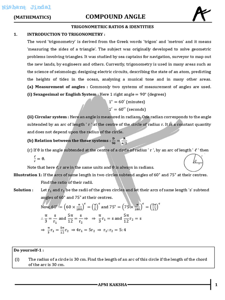 Sheet - 01 - Compound Angle NJ - 247 | PDF | Trigonometric Functions ...