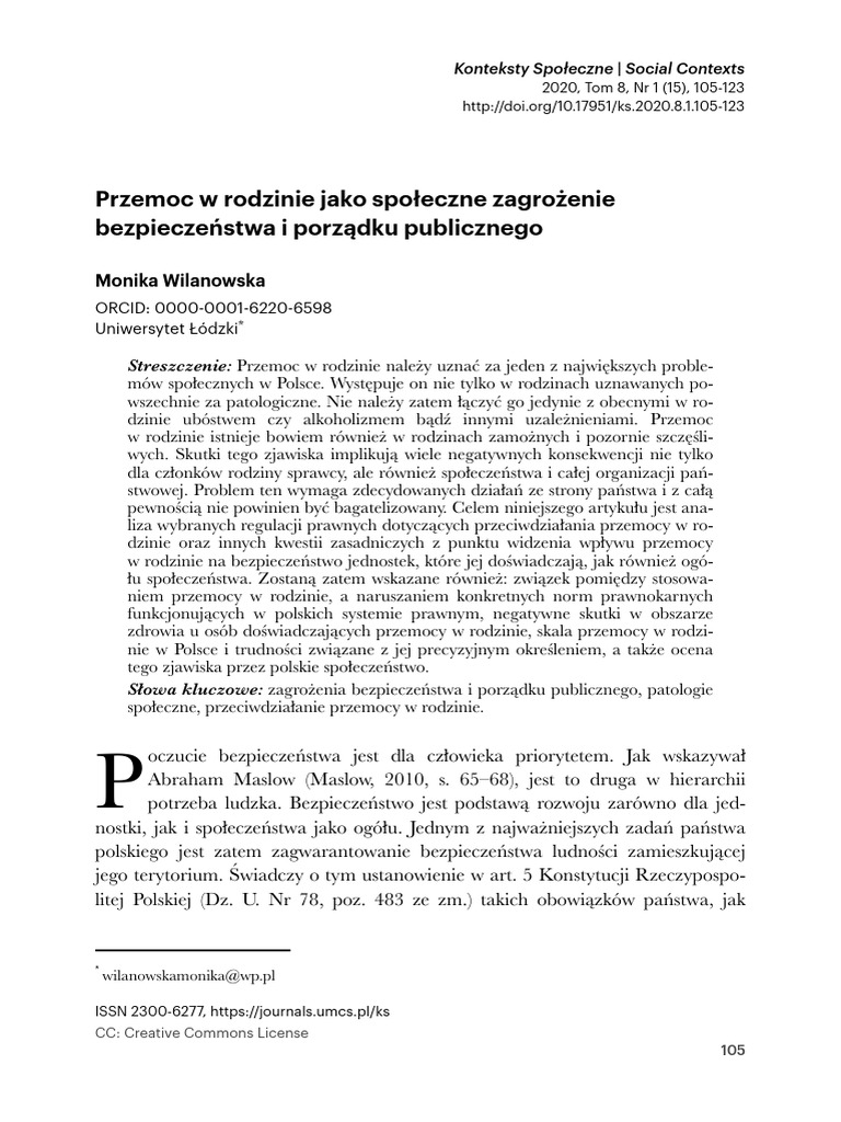 Przemoc W Rodzinie Jako Spo Eczne Zagro Enie Bezpiecze Stwa I Porz Dku Publicznego | PDF