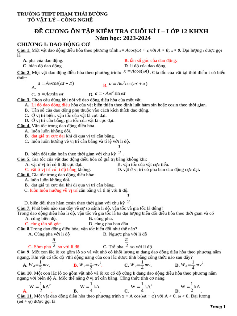 ĐỀ CƯƠNG ÔN TẬP KTCK I- 12KHXH- 2023-2024 | PDF