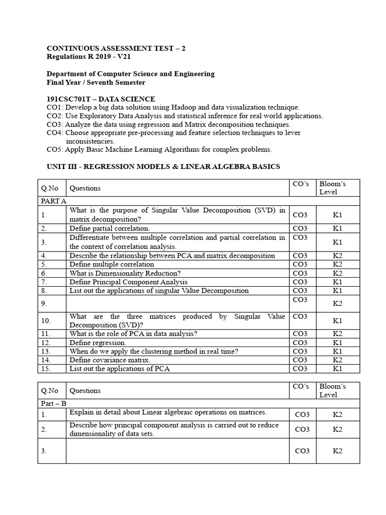 Question Bank - Data Science | PDF | Principal Component Analysis | Matrix (Mathematics)