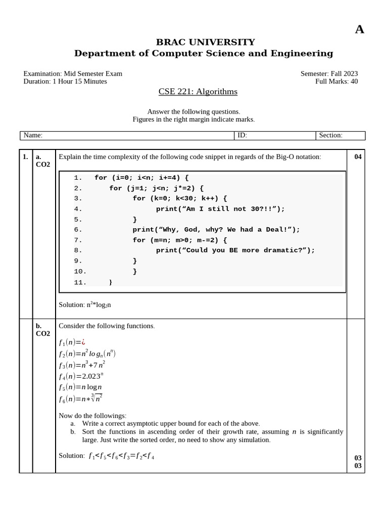 (Solution) Mid CSE221 Fall '23 | PDF | Mathematics | Computational Science