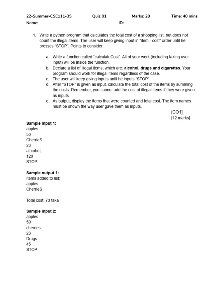 CSE111 Sec 35 Quiz 1 | PDF