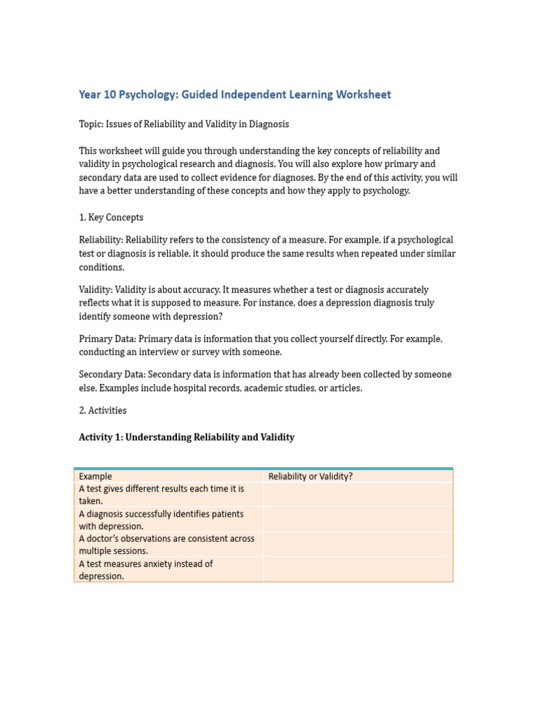 Year 10 Psychology Worksheet | PDF | Validity (Statistics) | Psychology