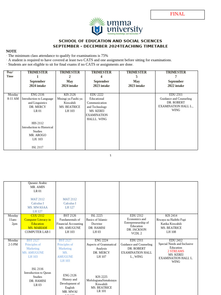 SEP-DeC-2024 Teaching Timetable FINAL | PDF