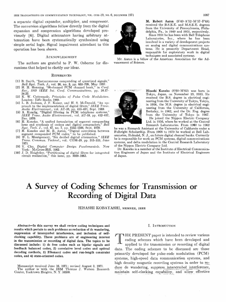 Kobayashi 1971 A Survey Of Coding Schemes For Transmission Or Recording Of Digital Data Pdf