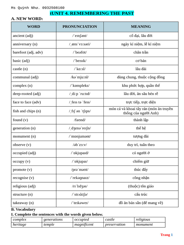 Bai-tap-tang-cuong-Anh-9-global-Unit-4-REMEMBERING-THE-PAST Ôn hk1 | PDF