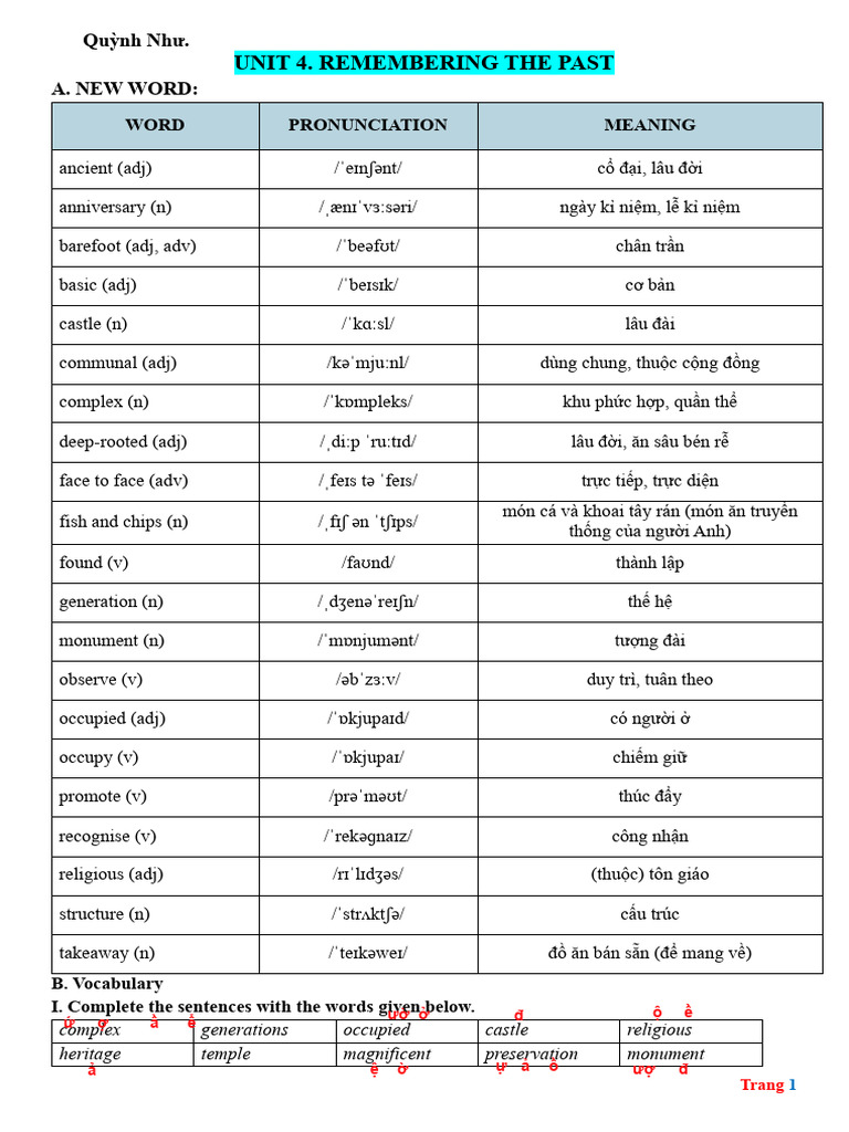 Bai-tap-tang-cuong-Anh-9-global-Unit-4-REMEMBERING-THE-PAST Ôn hk1 | PDF | Vietnam