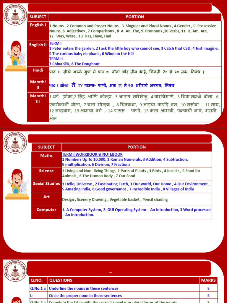 STD III TIMETABLE, PORTION & PAPER PATTERN FINAL | PDF | Noun | Grammatical Gender