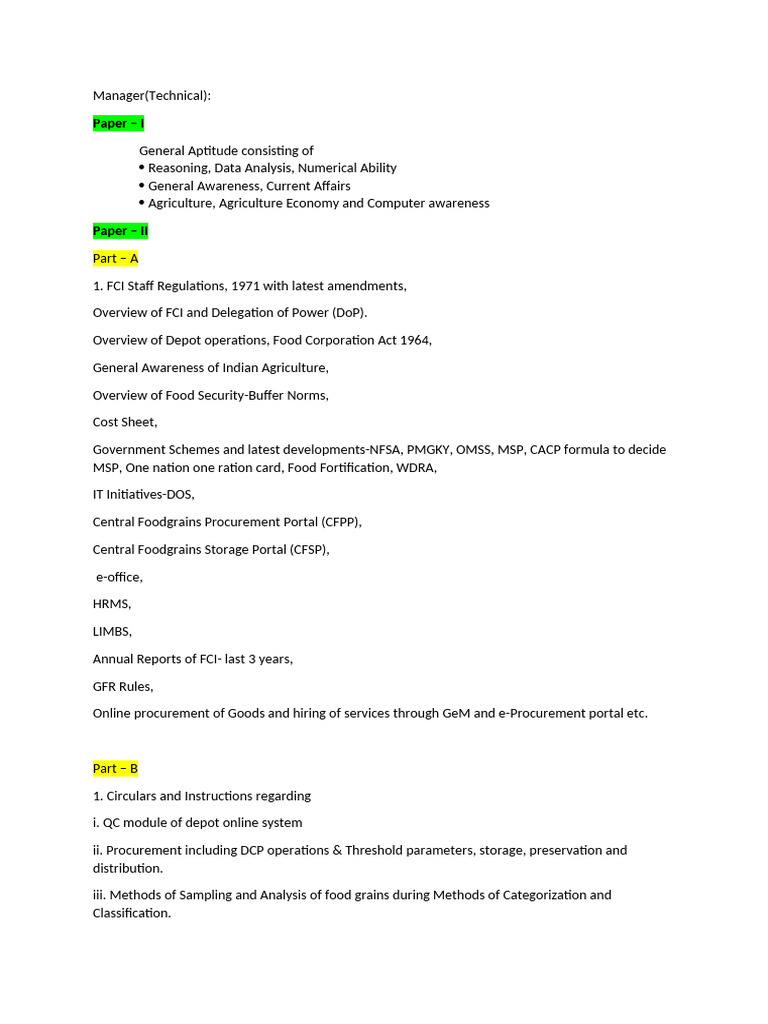 FCI Manager APS DETAILED Syllabus | PDF