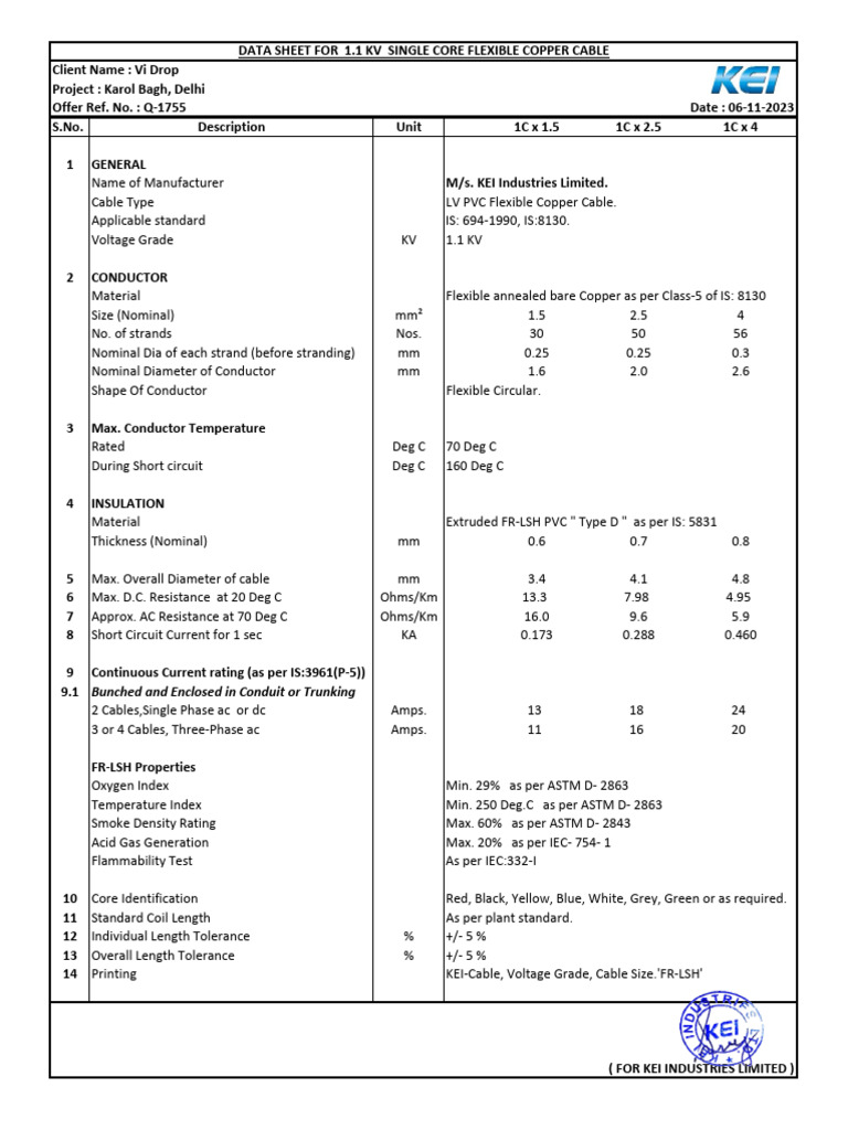 KEI TDS | PDF | Electrical Conductor | Electrical Resistance And Conductance