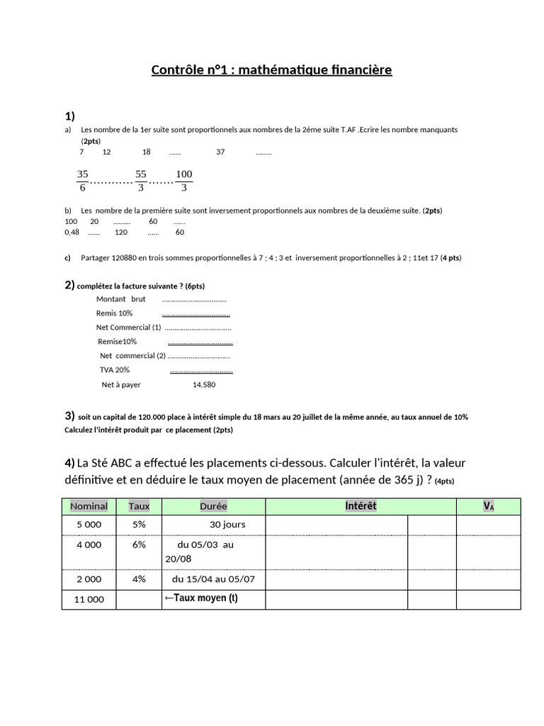 Contrôle n1 Math Financiere 2024 | PDF | Économie | Commerce