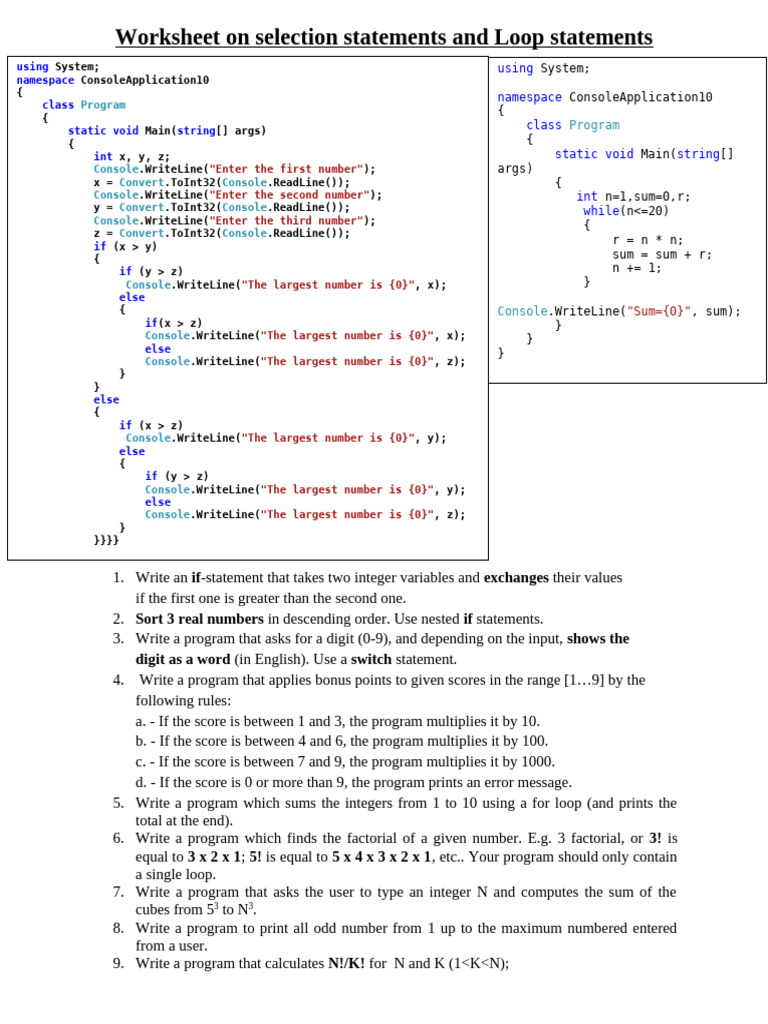 Workshit On Selection and Loop | PDF | Software Engineering | Computer Programming