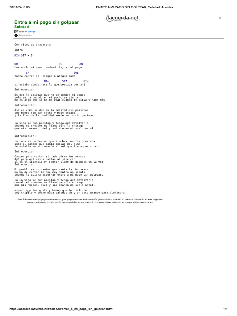 Entre A Mi Pago Sin Golpear, Soledad - Acordes | PDF