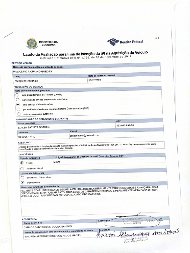 Laudo de Avaliação para Fins de Isenção de IPI Na Aquisição de Veículo ...
