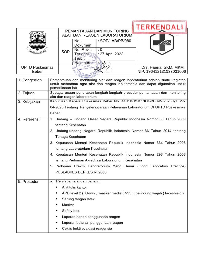Sop Pemantauan Dan Monitoring Alat Dan Reagen Laboratorium | PDF