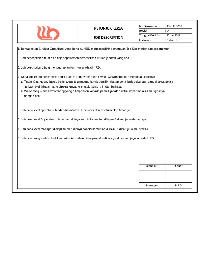 Petunjuk Pembuatan Job Description | PDF