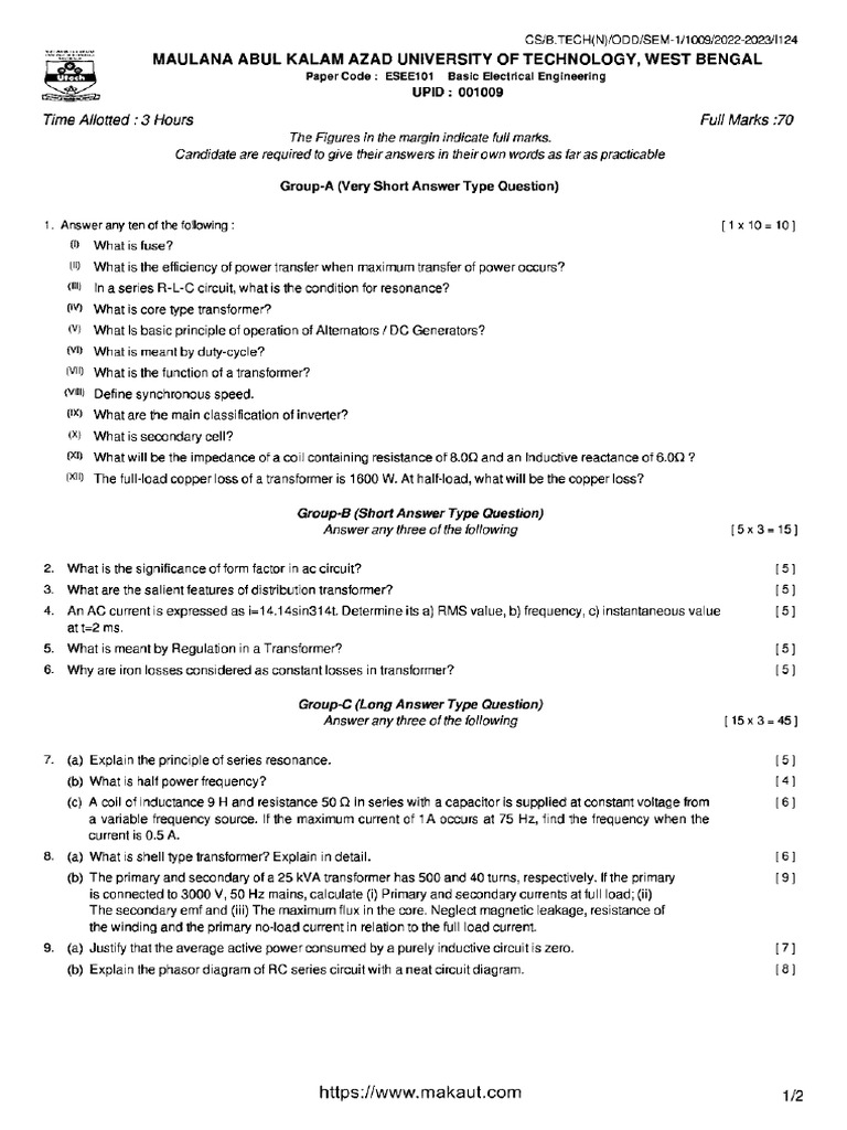 btech-1-sem-basic-electrical-engineering-esee101-2023 | PDF
