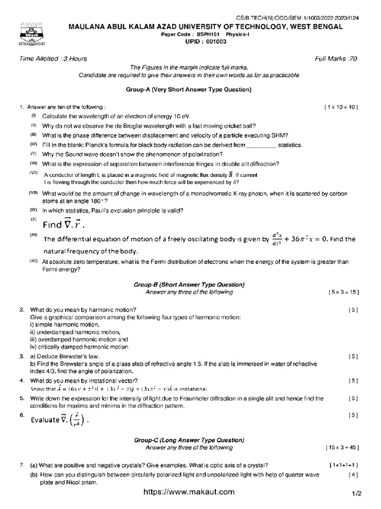 Btech 1 Sem Physics 1 bsph101 2023 | PDF
